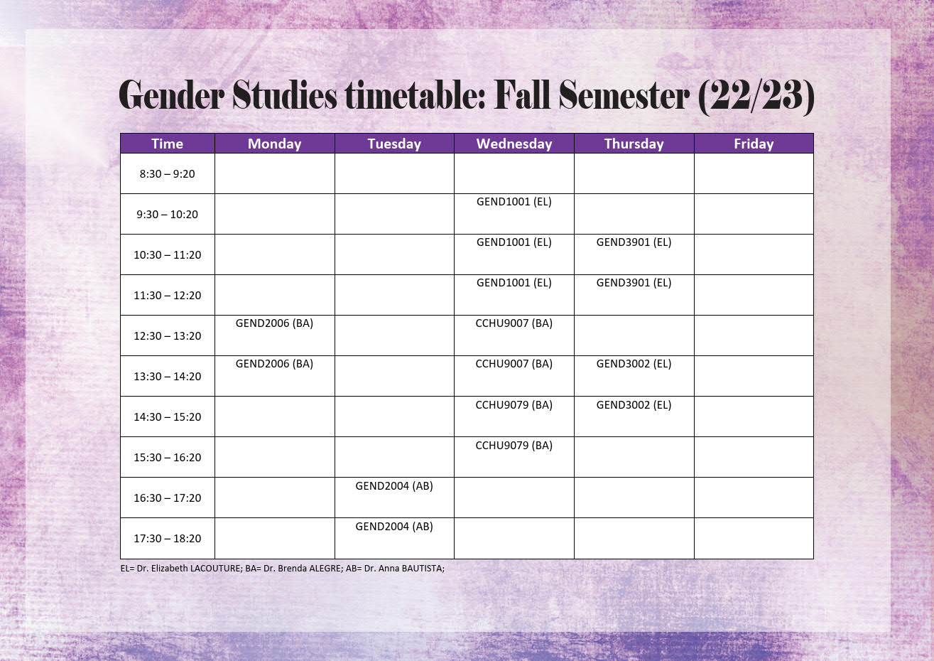 Timetable – Gender Studies